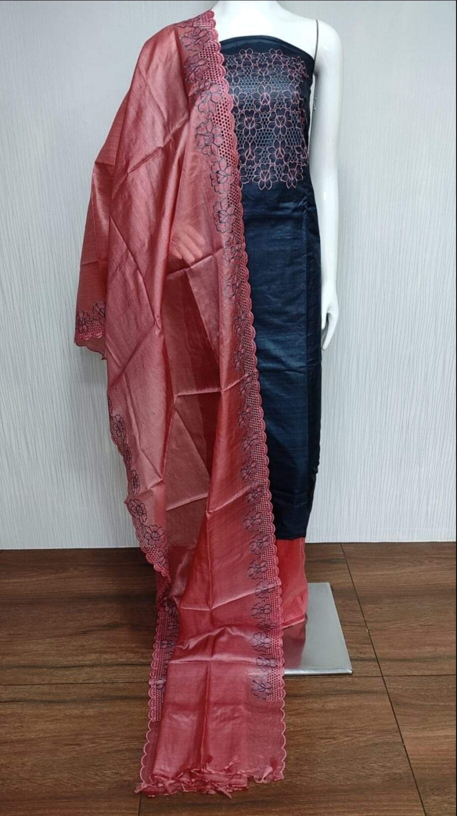 Tussar Silk Dress Materials with Hand Cutwork Embroidery