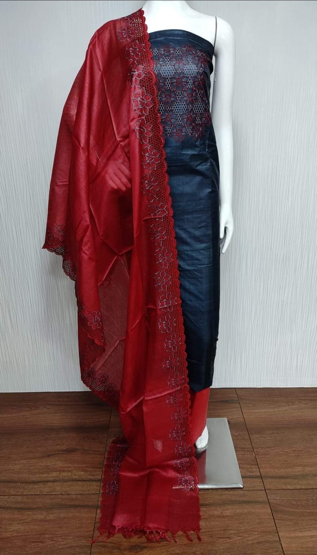 Tussar Silk Dress Materials with Hand Cutwork Embroidery