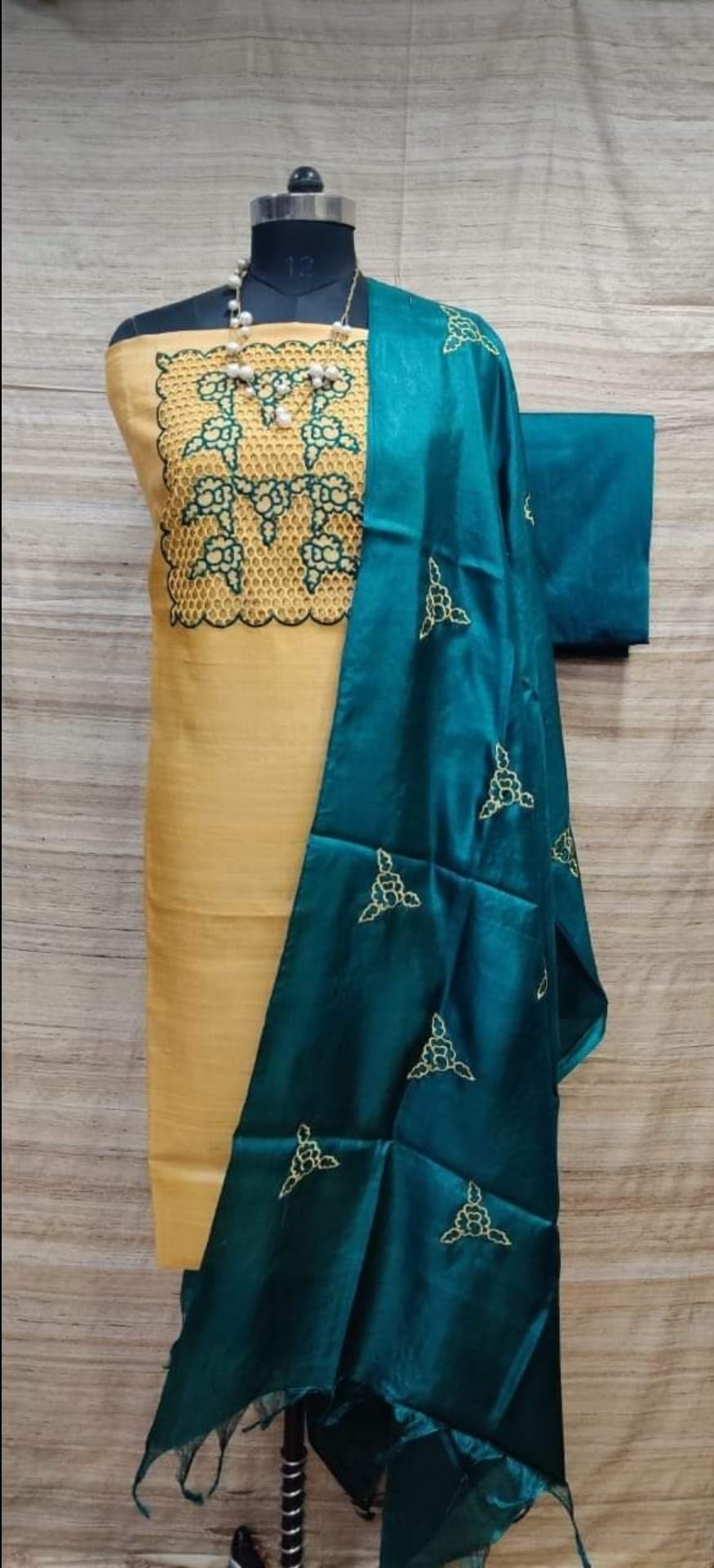 Silk Mark Certified Tussar Silk Dress Material -Hand Cutwork