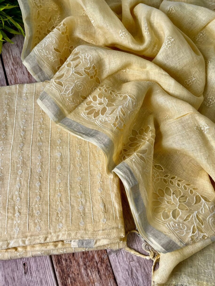 Pure Linen Hand Cutwork Embroidery Suit Design - AFT