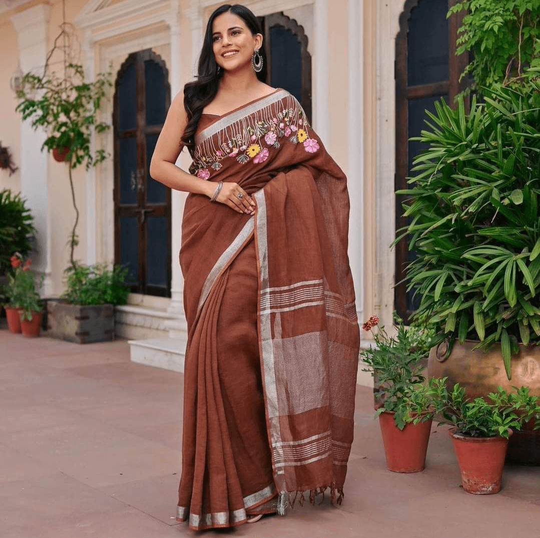 Exquisite Pure Linen Saree with Hand Embroidered French Knot Detailing