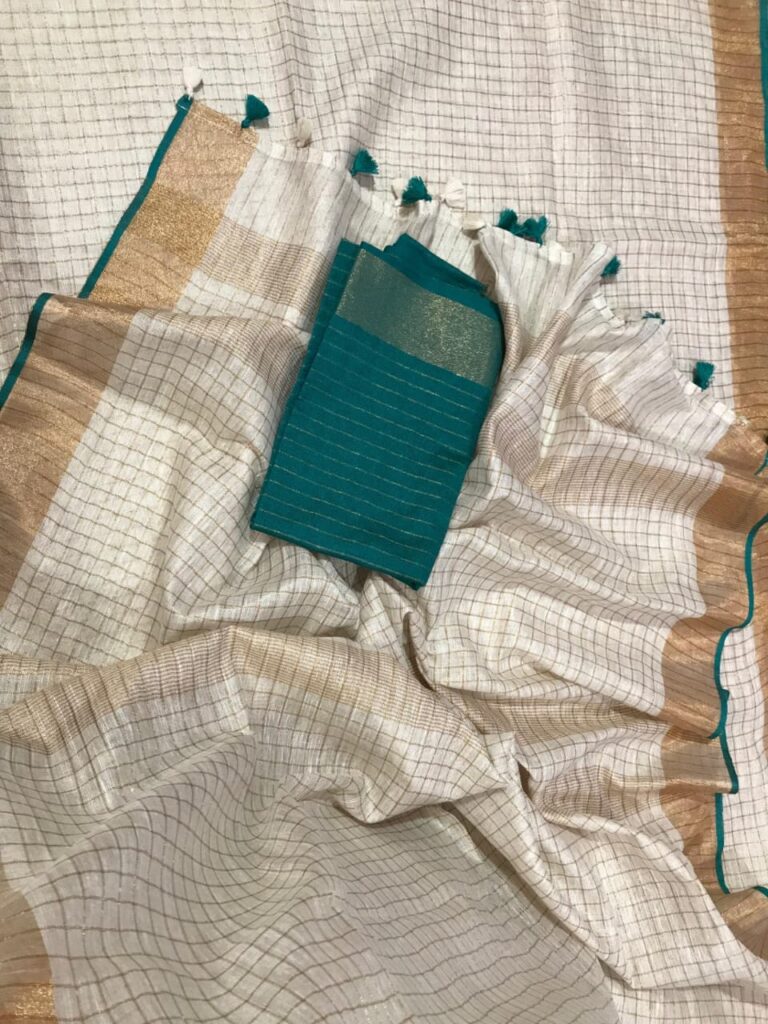 Elegant Check Linen Saree in Off White with Rama Green Contrast Blouse