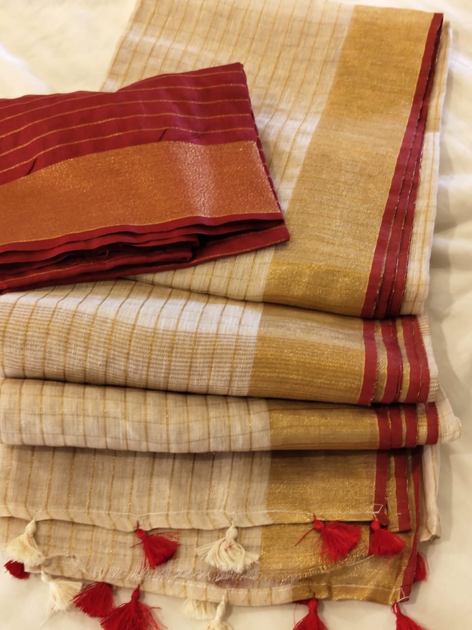 Light Silk Linen Onam Saree with Zari Checks & Red Contrast Blouse
